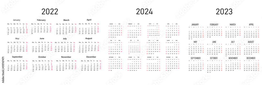 2022,2023,2024 calendar together. Stock Vector | Adobe Stock