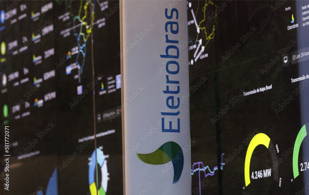 Eletrobras company logo on electricity index panel. Brazilian electric ...