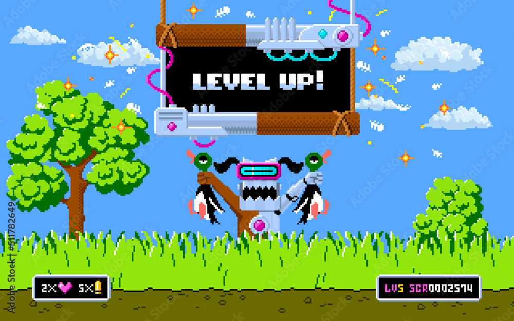 Level up game screen in colorful pixel art design. Vector illustration ... Level up game screen in colorful pixel art design. Vector illustration ...