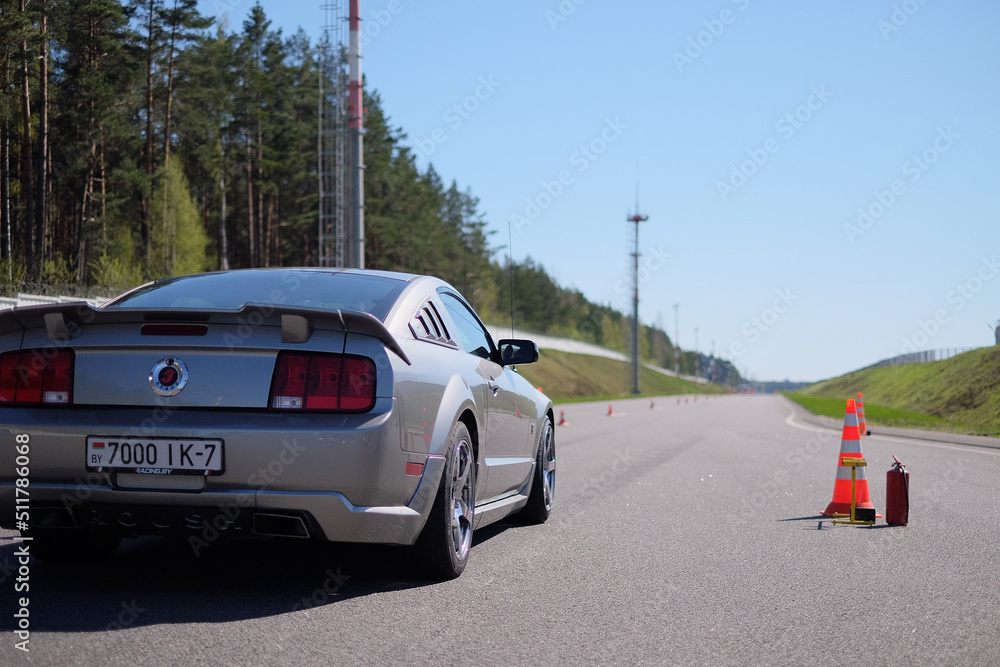 Minsk, Belarus June 1, 2022: cars at the start, competitions, powerful ...