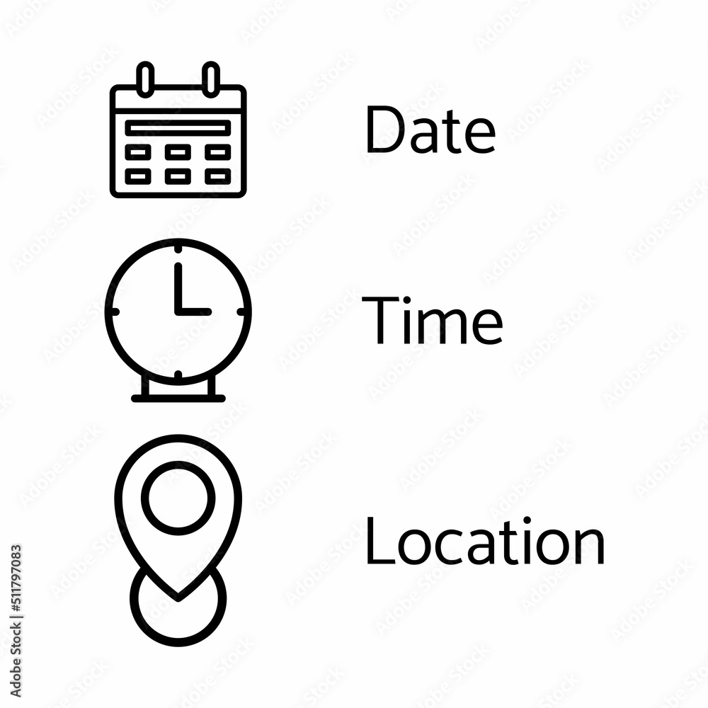 set date, time and location Icons for graphic design.Isolated on a ...