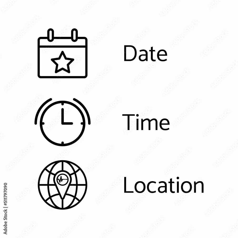 set date, time and location Icons for graphic design.Isolated on a ...