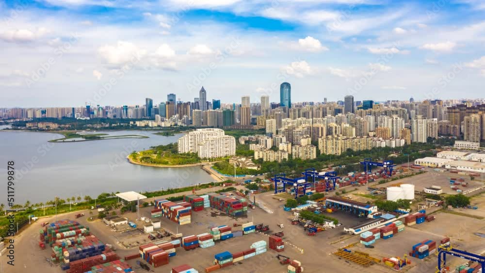 Haikou Port Container Terminal Timelapse and City Skyline during Sunny ...
