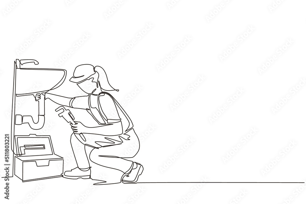 Continuous one line drawing plumber worker repairs sink in bathroom and ...