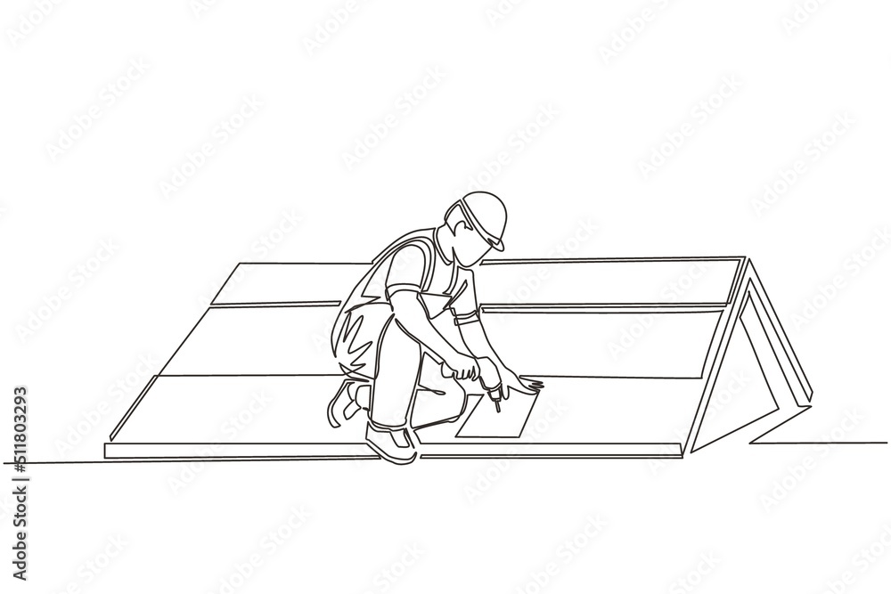 Single continuous line drawing roofer installing wooden or bitumen ... Single continuous line drawing roofer installing wooden or bitumen ...