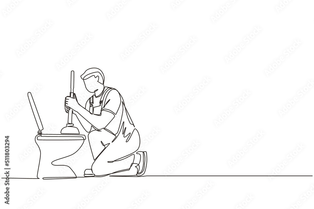 Vettoriale Stock Single one line drawing toilet cleaning, plumbing ...
