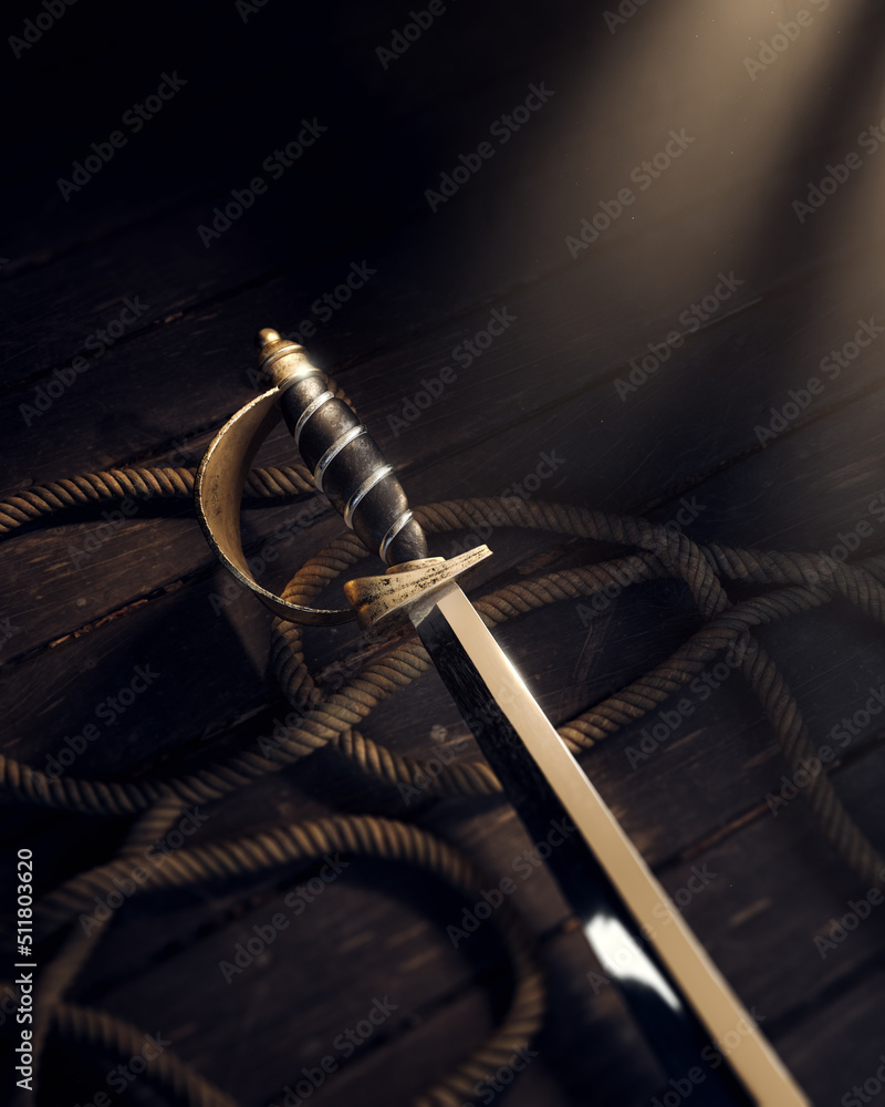 high contrast image of a pirate's cutlass sword on a wood floor. 3D ...