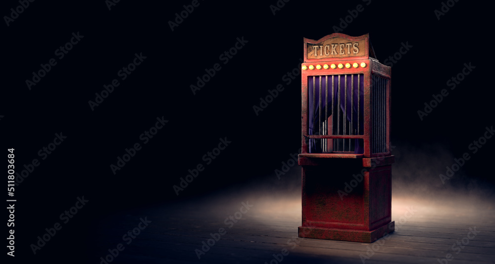 3D rendering, illustration of a carnival ticket booth on a dark ...