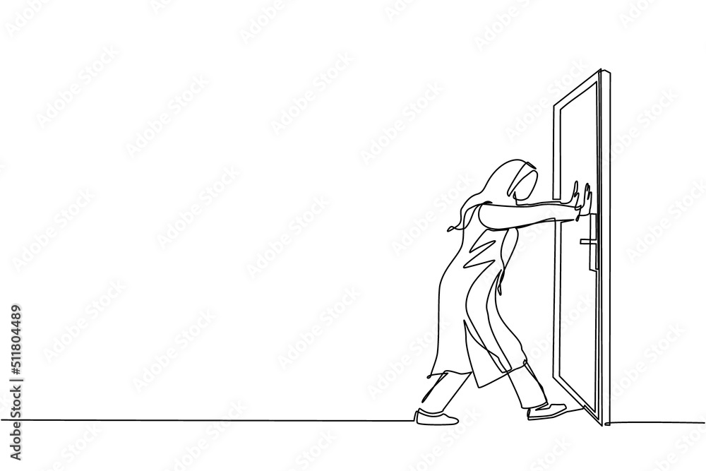 Continuous one line drawing Arabian businesswoman pushes closed door on ...