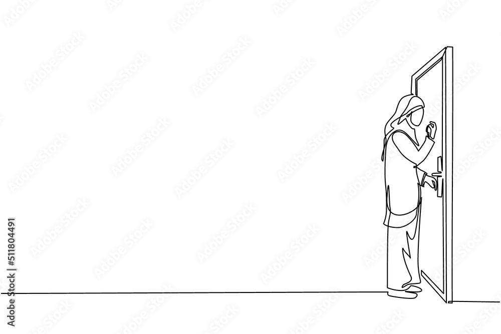 Single one line drawing Arab businesswoman knocking at door. Woman ...