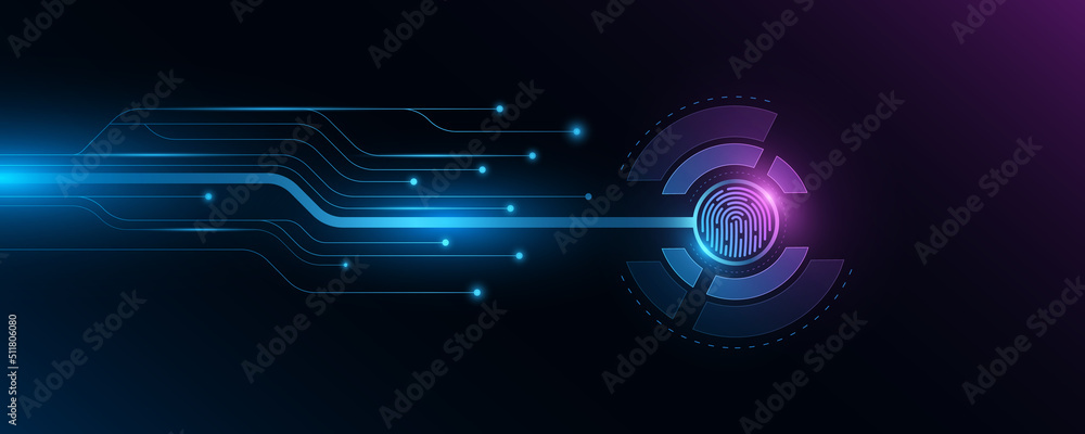 Futuristic fingerprint with glowing computer circuit board. Biometric ...