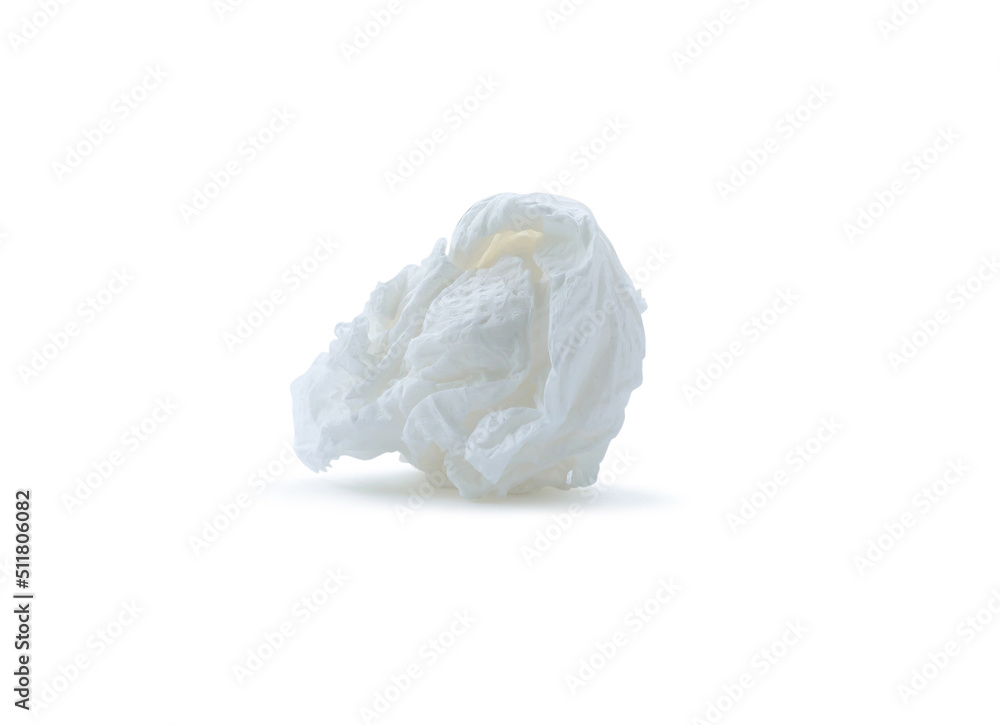 Single screwed or crumpled tissue paper after use isolated on white ...