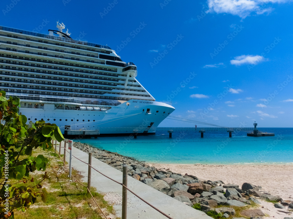MSC Seashore cruise ship docked at tropical island Ocean Cay, Bahamas ...