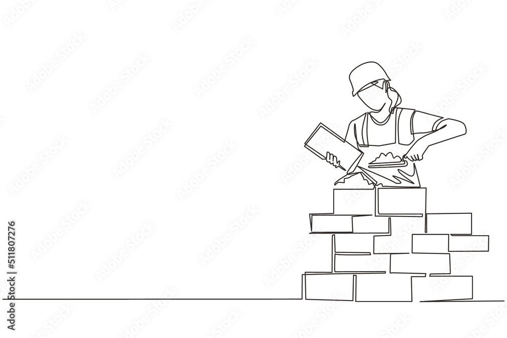 Continuous one line drawing repairwoman building brick wall ...