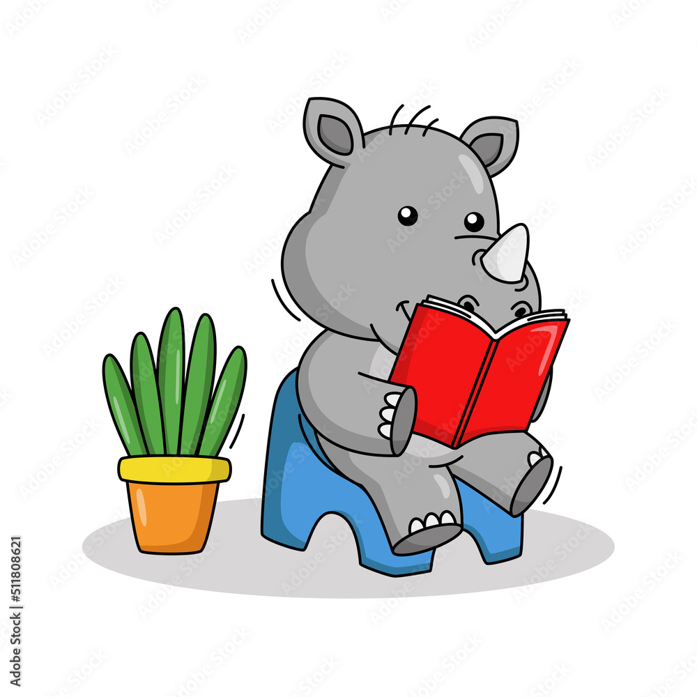 Cartoon illustration of a cute rhino reading a book Stock Vector ...