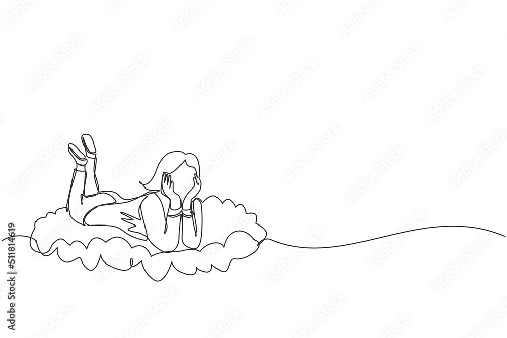 Single one line drawing dreamer. Businesswoman lay on the clouds and ...