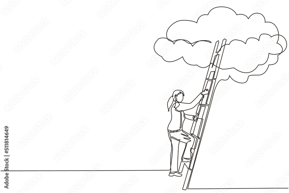 Single one line drawing businesswoman climbing up career ladder to ...