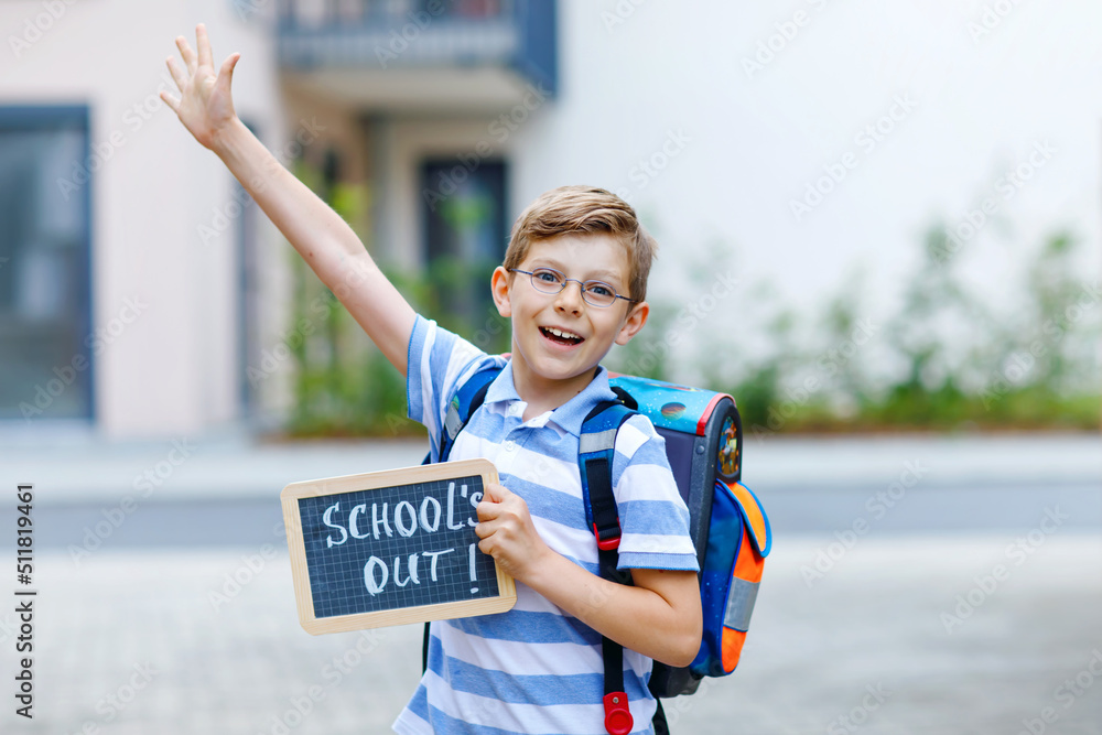 Happy little kid boy with backpack or satchel. Schoolkid on the way to ...