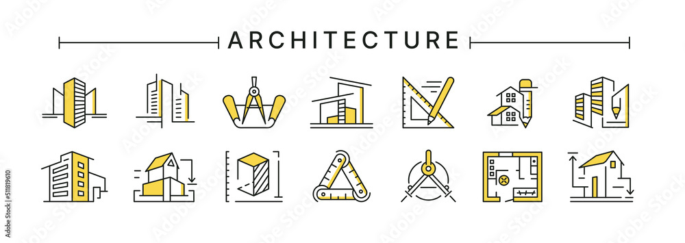 Architect buildings. Line icons of architecture project for engineer ...