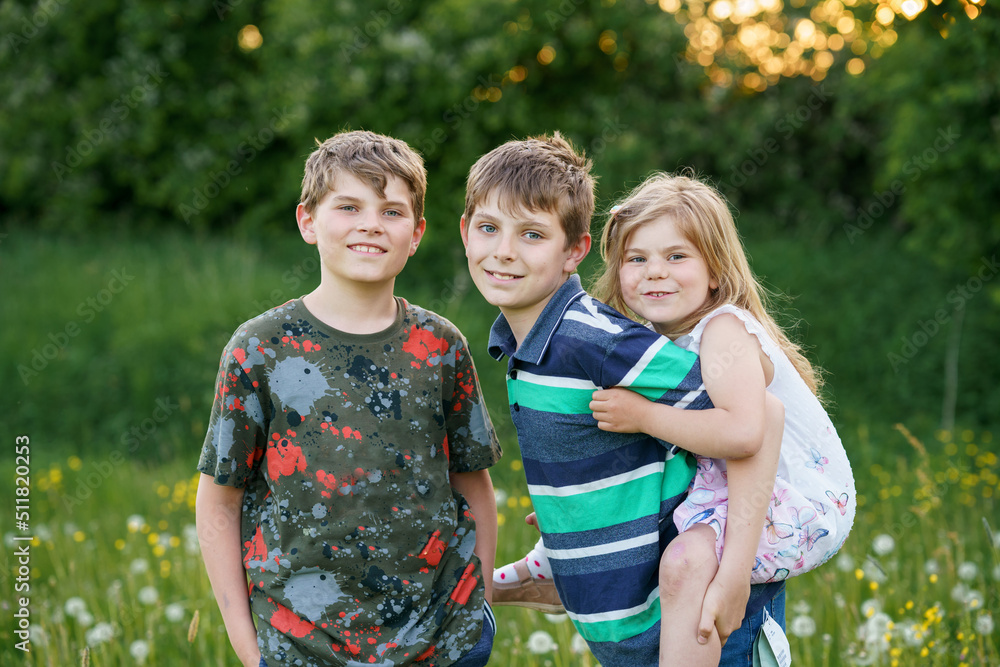 Portrait of three siblings children. Two kids brothers boys and little cute toddler sister girl ...