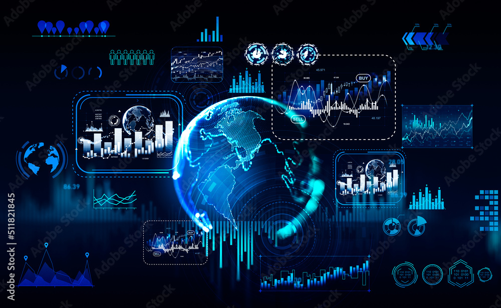Graph chart with data, lines and numbers, earth globe and candlesticks ...