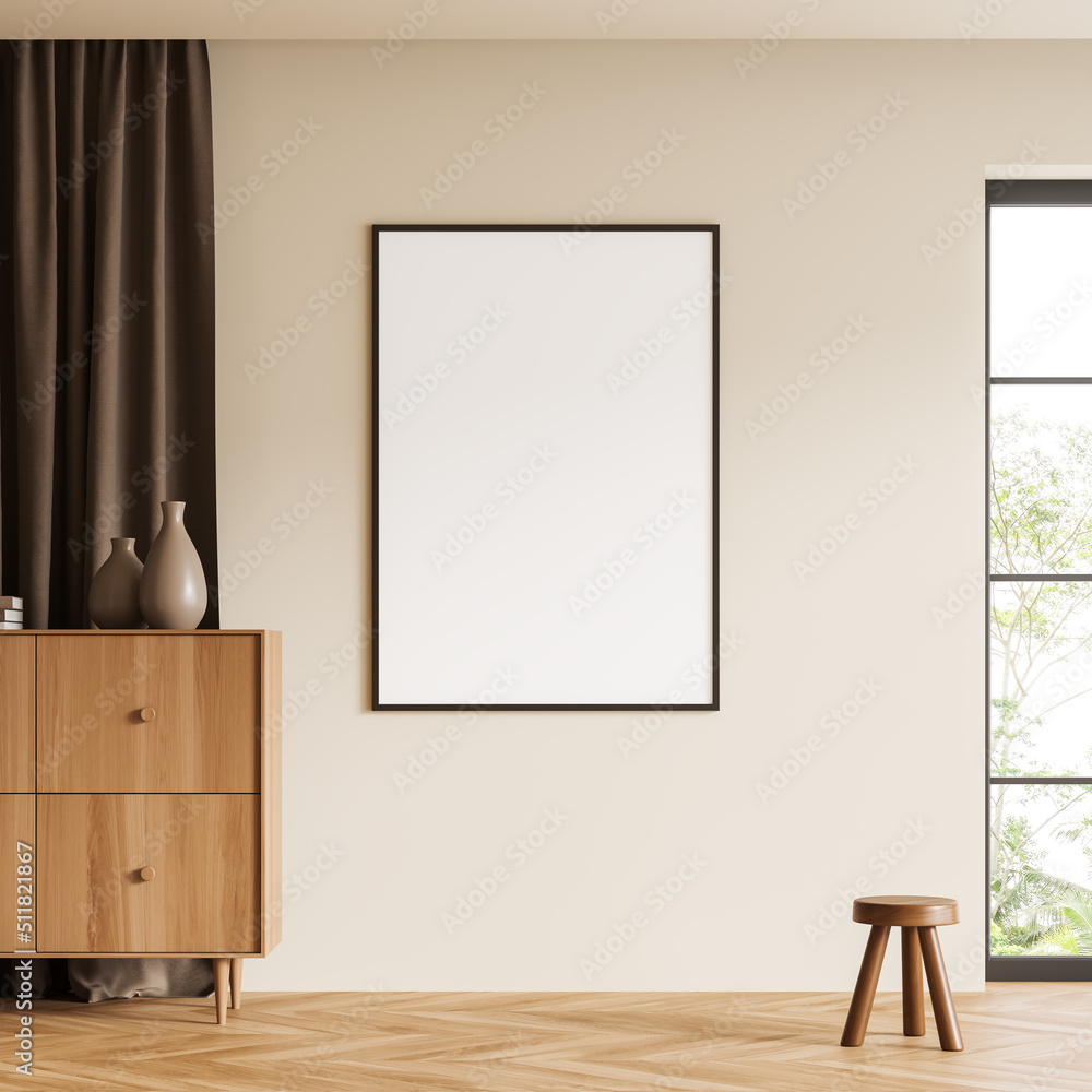Light living room interior with wooden drawer, window and mockup frame ...