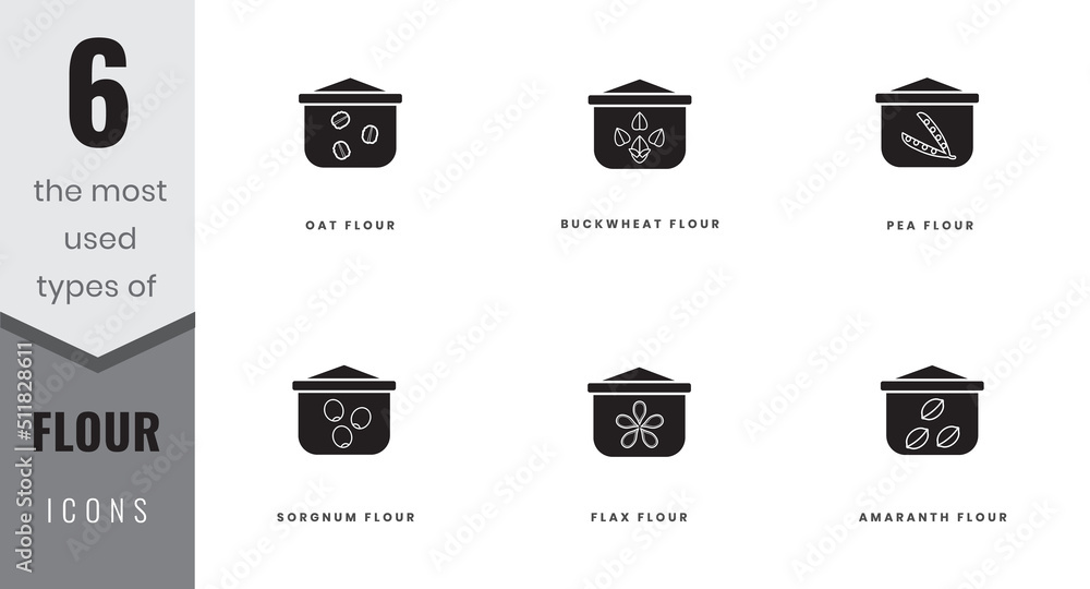 The most used types of flour icons. Flax, amaranth, oat, buckwheat, pea ...