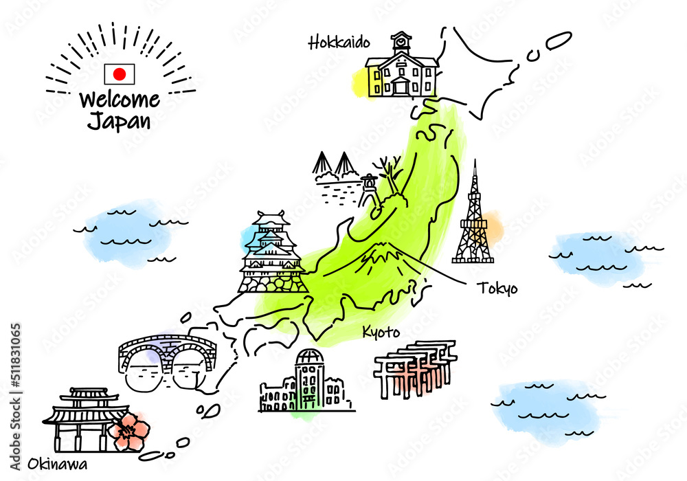 手描きの日本地図と観光地のシンプル線画イラスト Stock Vector | Adobe Stock