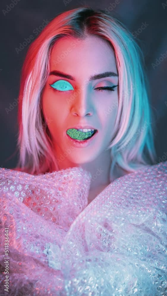 NFT art. Digital beauty. Crypto portrait. Pink blue neon light cyborg ...