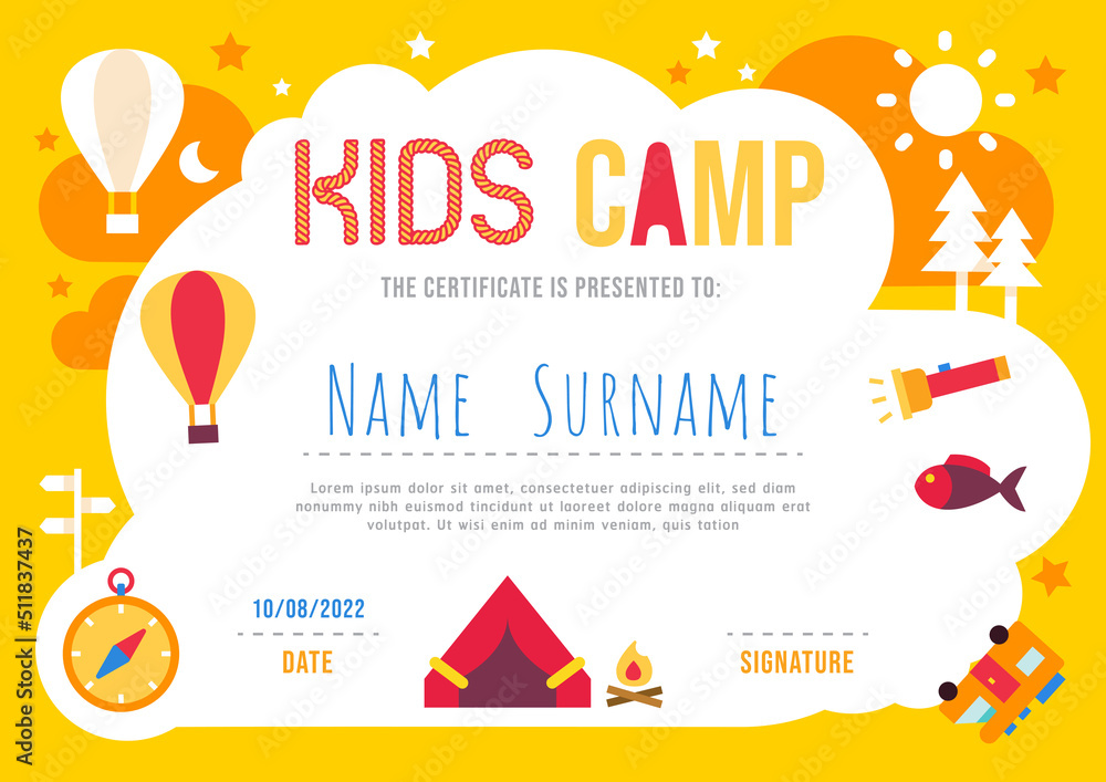 Certificate summer camp kids diploma, kindergarten template layout ...
