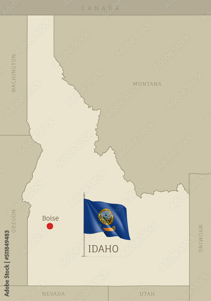 Map of Idaho USA federal state with waving flag. Grey highly detailed ...
