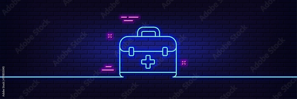 Neon light glow effect. First aid kit line icon. Medical case sign. 3d ...