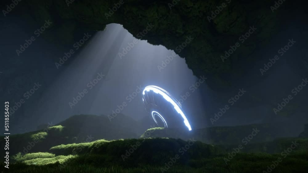 3d render. UFO in an ancient huge cave in the rays of light. vídeo do ...