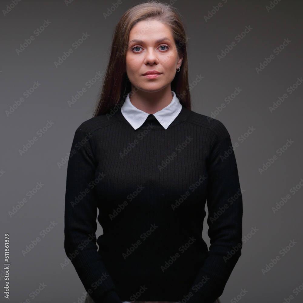 Strict teacher woman in black suit with white collar, isolated female ...