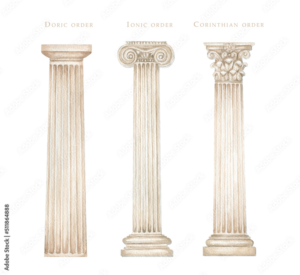 Watercolor antique column corinthian ionic doric order, Ancient Classic ...