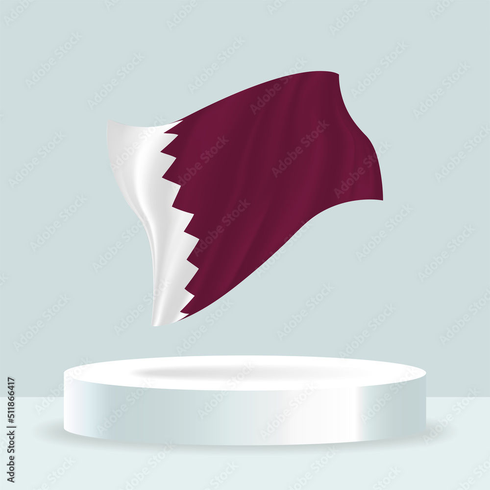 Qatar flag. 3d rendering of the flag displayed on the stand. Waving ...