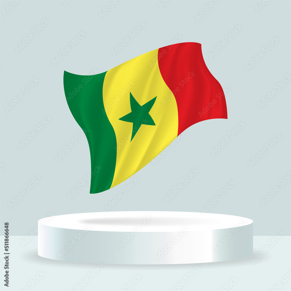 Senegal flag. 3d rendering of the flag displayed on the stand. Waving ...