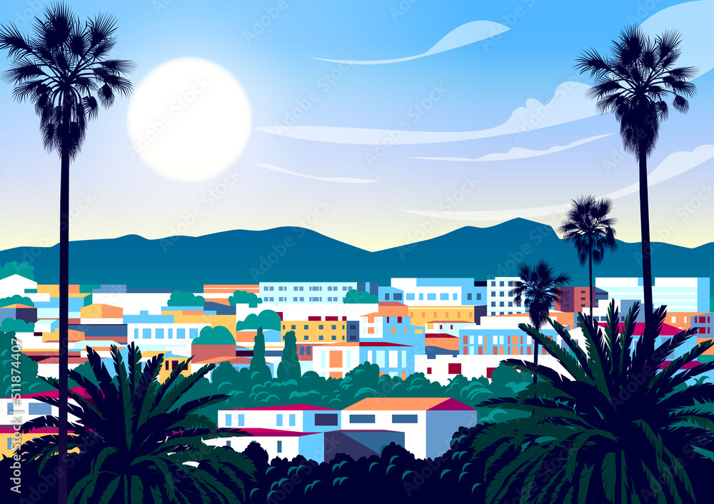 Tropical Island cityscape with traditional houses, palms and mountains ...