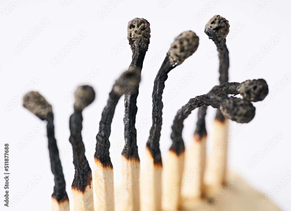 Burnt matches isolated on white. Box of matches. Different stages of ...