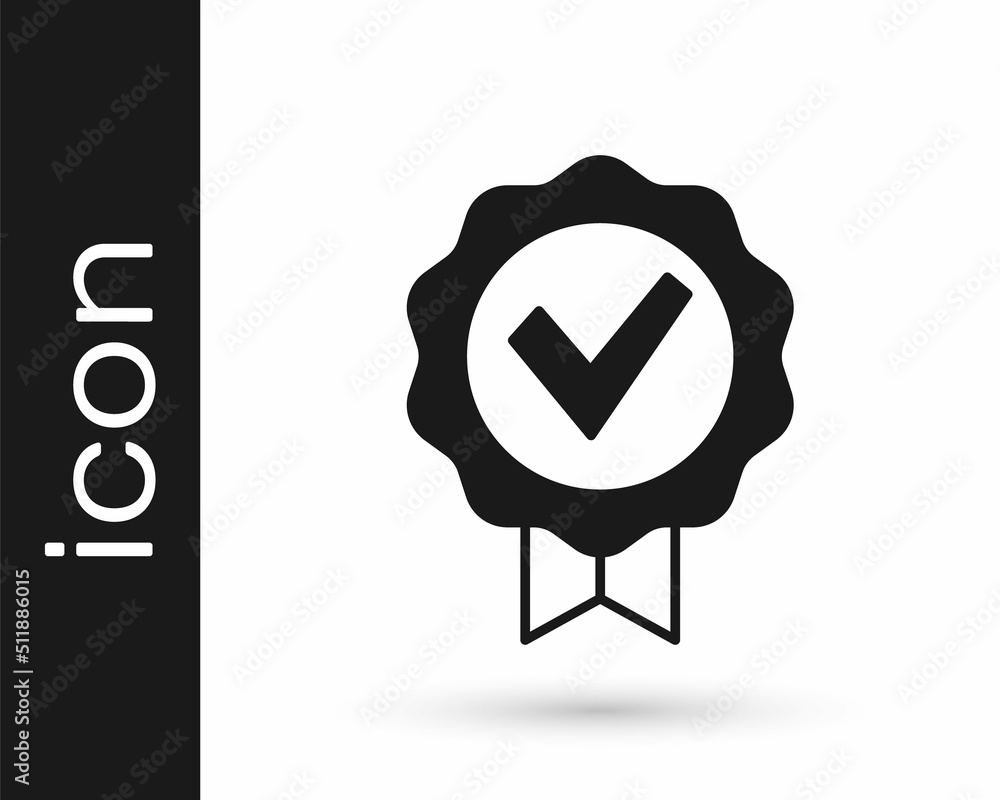 Black Approved or certified medal and check mark icon isolated on white ...