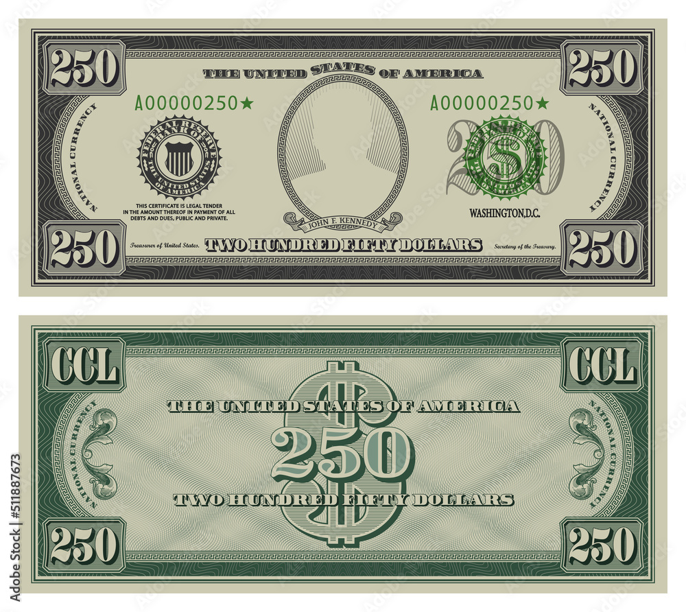 Vector Two Hundred Fifty Dollars Banknote Gray Obverse And Green vector-two-hundred-fifty-dollars-banknote-gray-obverse-and-green