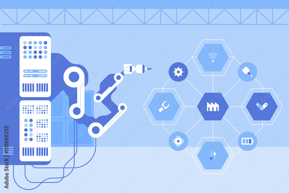 Control point and computer screens in server room. Flat color vector ...
