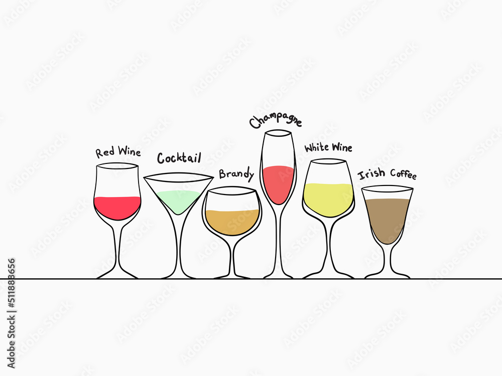 isolated colorful continuous line cartoon cute glassed alcoholic drinks ...