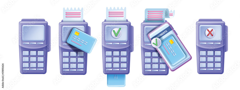 3D payment terminal icon set, vector POS machine bank device kit ...
