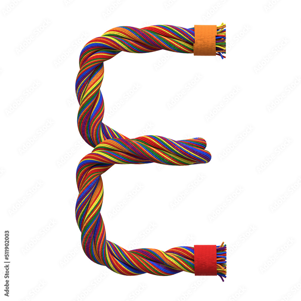 Letter E made of thick rope from strands of rainbow colors, colors of ...