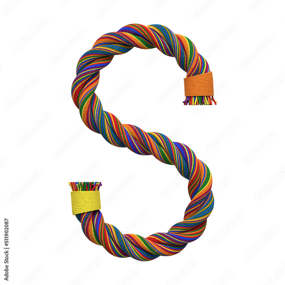 Letter S made of thick rope from strands of rainbow colors, colors of ...