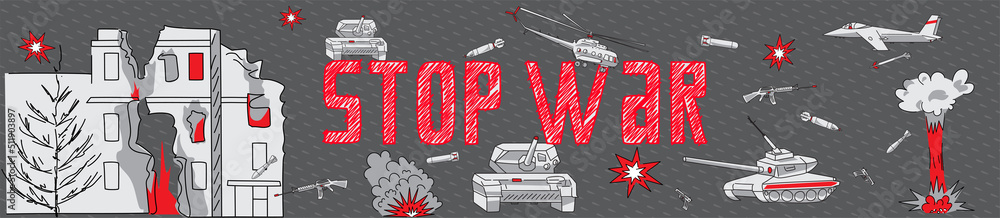 Panoramic with stop war motto. Outline icons of weapon, graphic of bomb ...