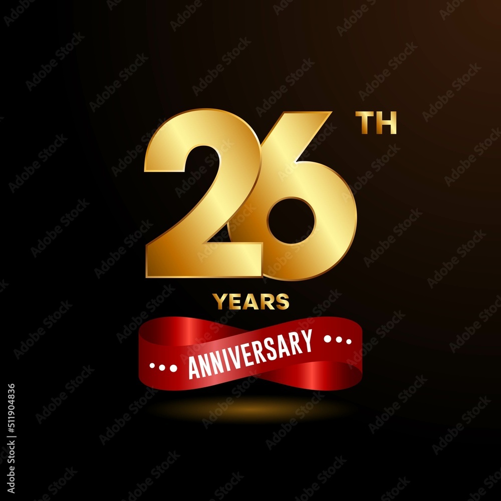 26 years anniversary logo with red ribbon for booklet, leaflet ...