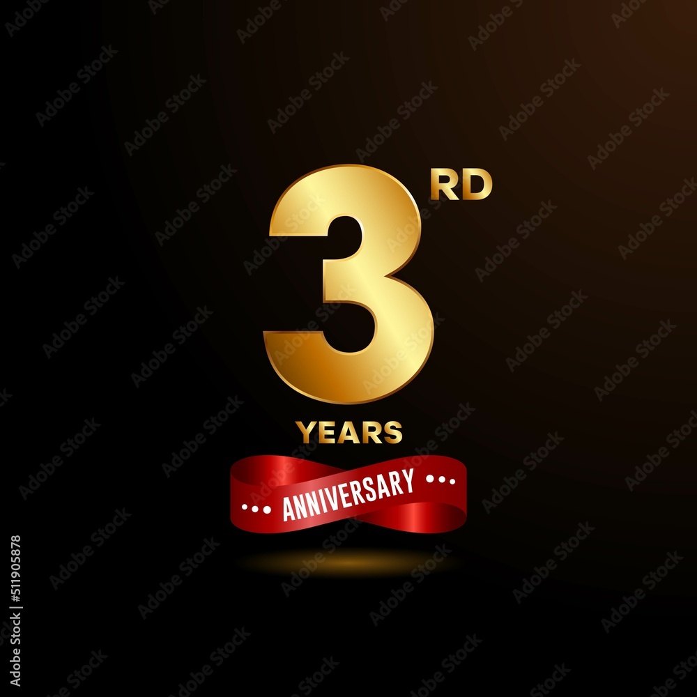 3 years anniversary logo with red ribbon for booklet, leaflet, magazine ...
