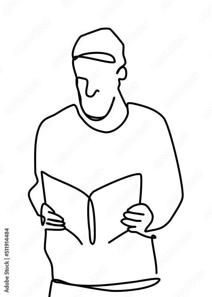 One continuous line drawing - people sitting and reading books and ...